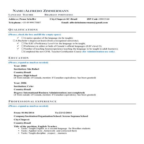 Resume template language instructors | DOCX | Professional School ...