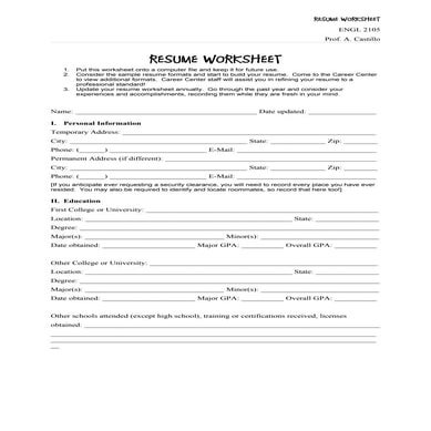 Resume worksheet | DOC | Resume Writing and Advice | Job Search