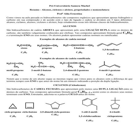Resumo hidrocarbonetos - alcenos, ciclenos e alcinos, propriedades e ...