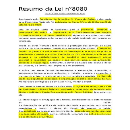 Resumos lei nº8080 e lei 8142 | DOCX