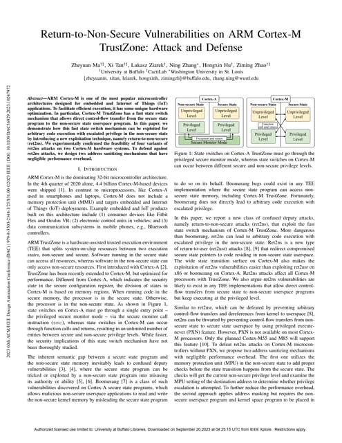 Return To Non Secure Vulnerabilities On Arm Cortex M Trustzone Attack And Defense Pdf