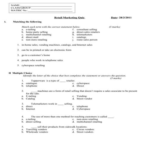 Retail marketing quiz | DOC