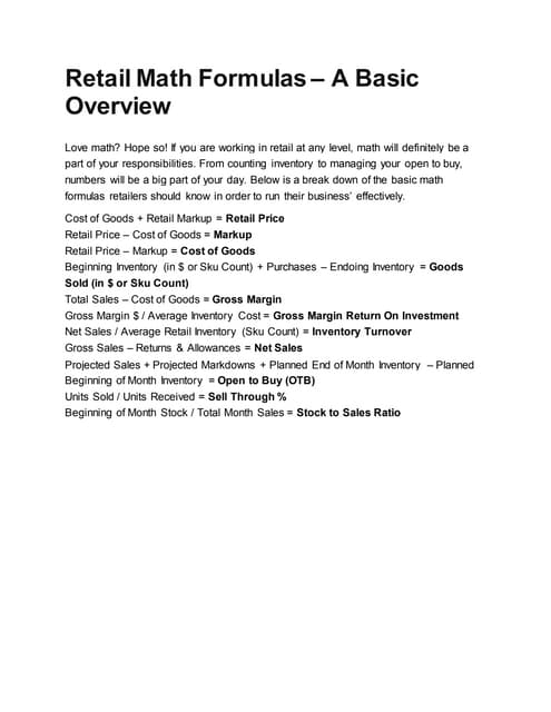 Sales formulas | DOC | Business Accounting & Finance | Business