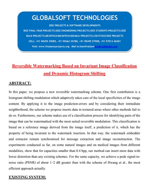 Reversible Watermarking Based On Invariant Image Classification And Dynamic Histogram Shifting Pdf