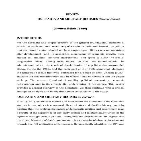 ONE PARTY AND MILITARY REGIMES (Kwame Ninsin) | PDF