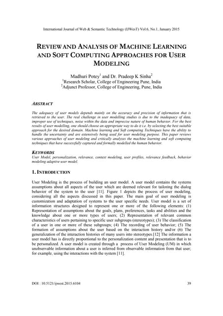 Review And Analysis Of Machine Learning And Soft Computing Approaches For User Modeling Pdf