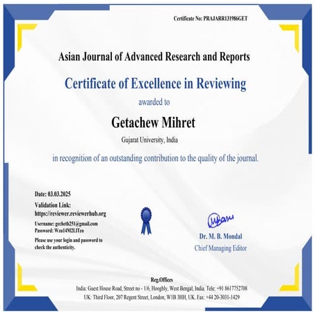 Certificate for reviewing the manuscript: Ms/AJARR/131986(Review Certificate.pdf) | PDF