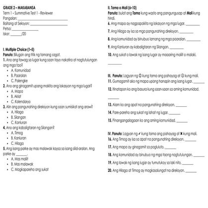 Grade 2 Term 1 Summative Test Reviewers in Multiple Subjects | DOCX