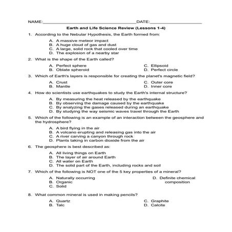 EARTH AND LIFE SCIENCE REVIEW MULTIPLE CHOICE QUESTIONS | PDF