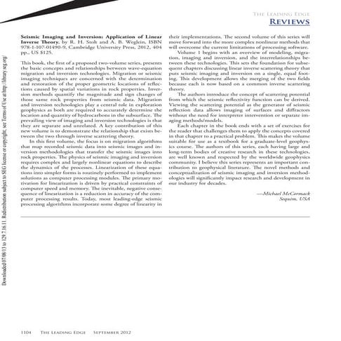 Arthur Weglein's Seismic Imaging & Inversion Book - Volume 1 Review | PDF