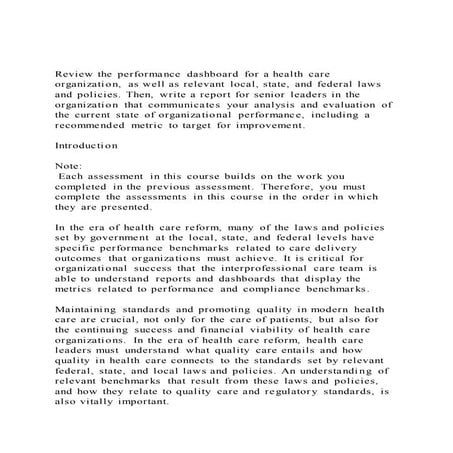 Review the performance dashboard for a health care organization, | PDF