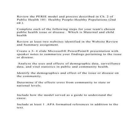 Review the PERIE model and process described in Ch. 2 of Public Heal.docx