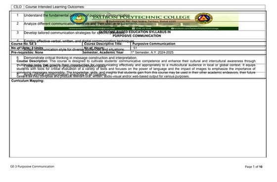 Purposive-Communication Subject in 1st year | PDF
