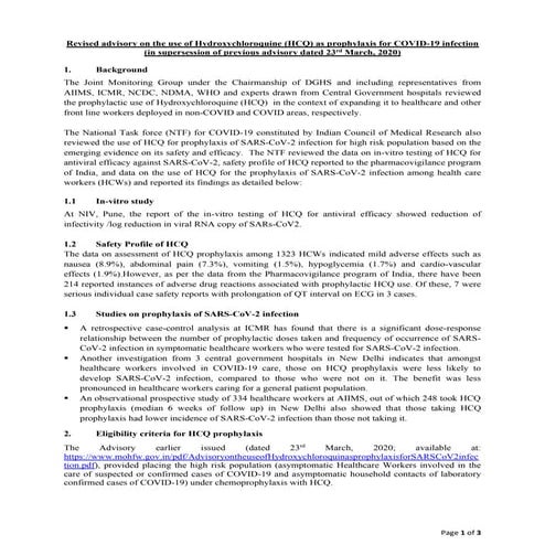 Revised advisory on the use of hydroxychloroquine as prophylaxis for ...