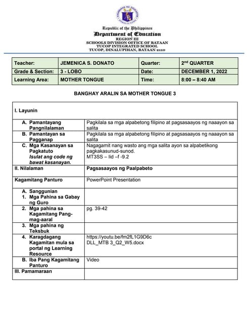 Cot detailed lesson plan filipino 1 | DOCX