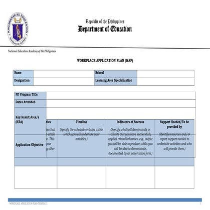 Workplace Application Plan for TLE Curriculum Leadership and ...