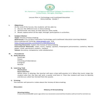 TLE/ HE Dressmaking Curriculum Guide | PDF