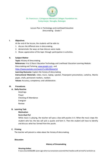 TLE/ HE Dressmaking Curriculum Guide | PPT