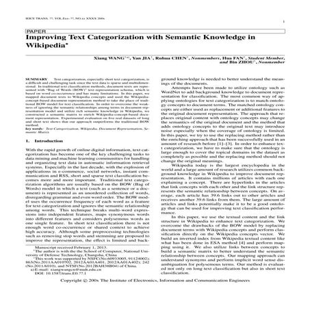 Improving Text Categorization with Semantic Knowledge in Wikipedia | PDF