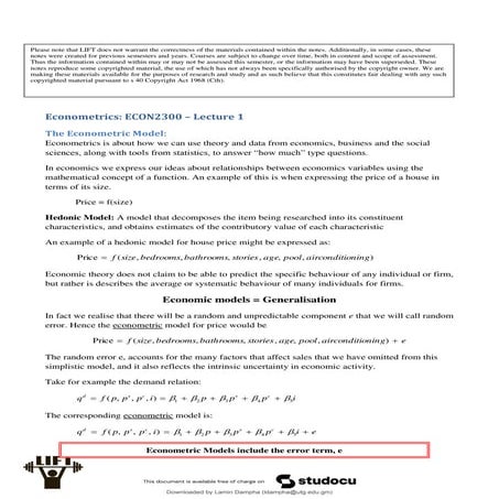 Revision Notes Introductory Econometrics Lecture 1 11 Pdf