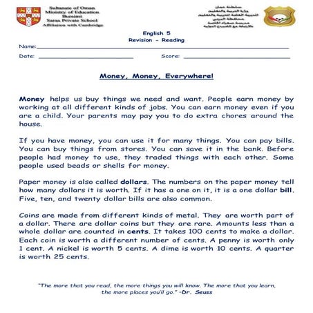 Reading: Money, Money, Everywhere! | DOCX | Stamps and Coins | Collecting