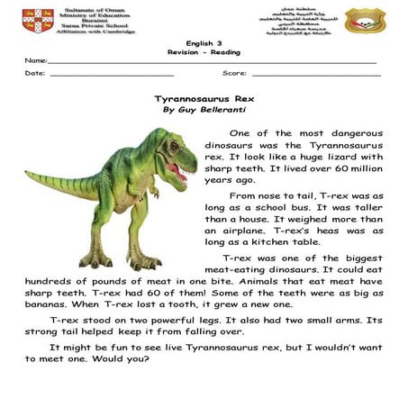 Reading worksheet - Revision (Tyrannosaurus Rex) | DOCX