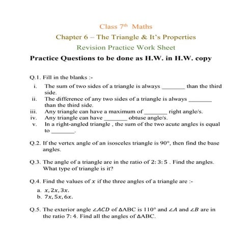 MATHS CLASS 7 CHAPTER6 REVISION | PDF