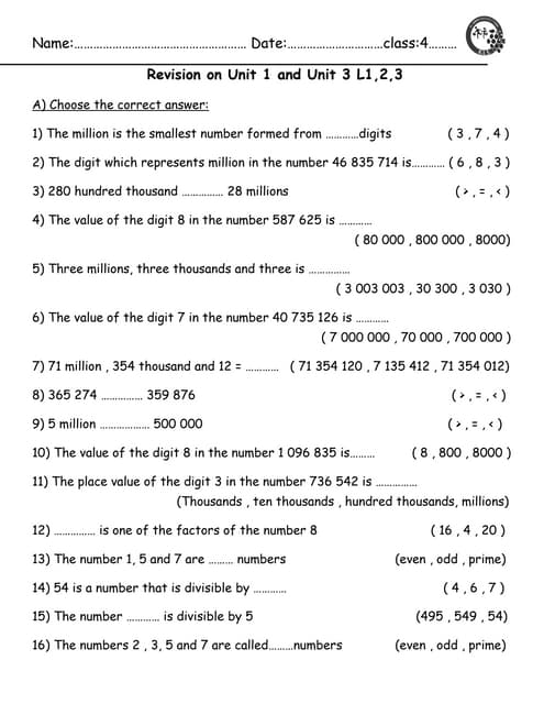 Final Revision Math Primary 2 (Part 1) | DOC