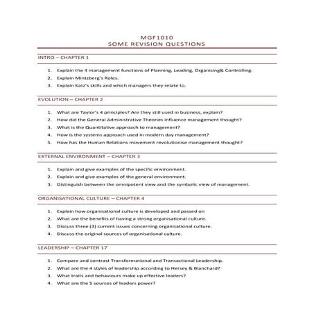 Intro to Management Revision Questions | DOCX