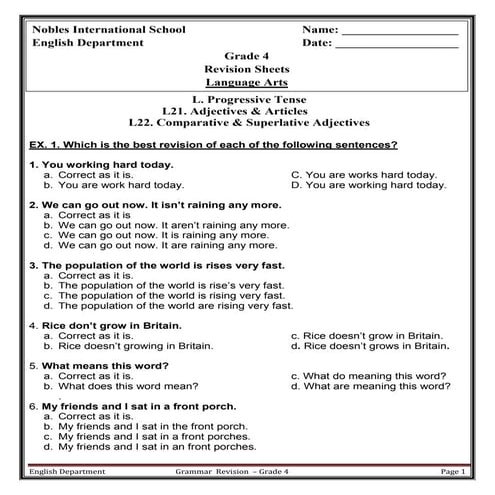 Revision sheets Language Arts | PDF