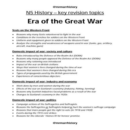 N5 History revision topics - Era of the Great War | PDF