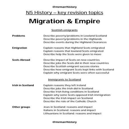 N5 History revision topics - Migration and Empire | PDF
