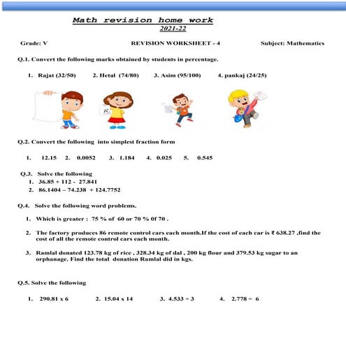 Revision worksheer of math grade 5 decimals | PDF