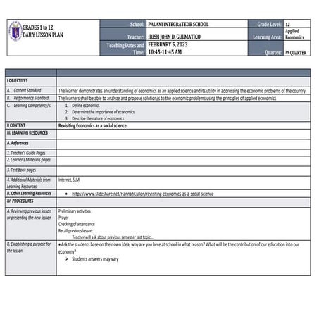 Economics lesson plan for seniors | PPTX