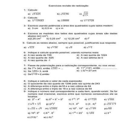 Revisão radiciação 9º qano | DOCX