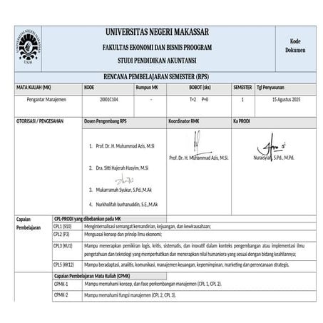 RPS PENGANTAR MANAGEMEN FAKULTAS EKONOMI DAN BISNIS | DOCX