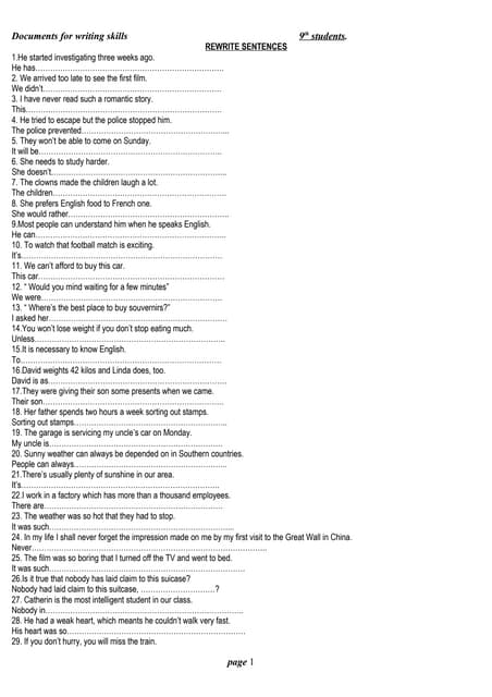 Rewrite sentence exercises for 10 grade students | PDF