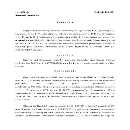 Rozhodnutie NS SR vo veci exekúcie vykonávanej na základe osvedčenia o dedičstve. | PDF