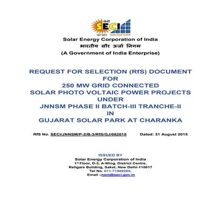 250 MW GRID CONNECTED SOLAR PV POWER PROJECTS UNDER JNNSM PHASE II ...
