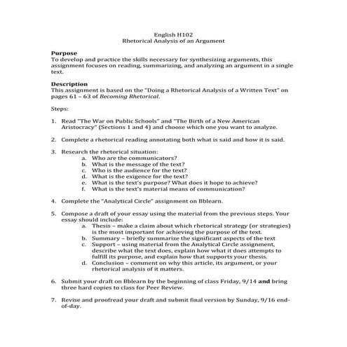 Eng 102H Rhetorical Analysis of a Argument Assignment | PDF