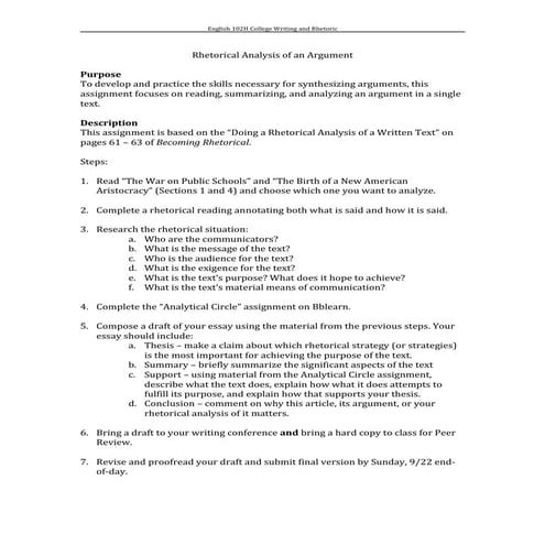 Eng 102H Rhetorical Analysis of a Text Assignment | PDF