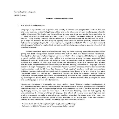 Rhetoric Midterm Examination- Graduate School | DOCX