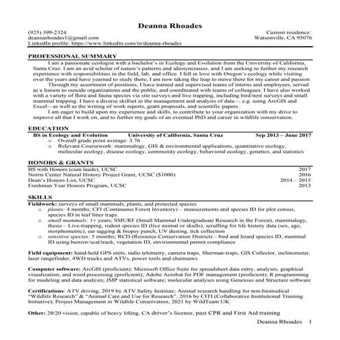Wildlife ecologist resume (Deanna K. Rhoades) | PDF
