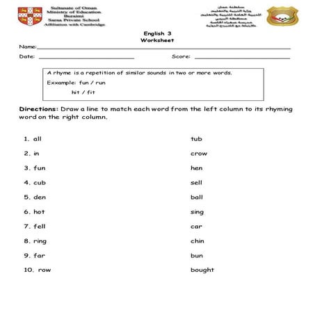 Grammar worksheet - Rhyming words | DOCX