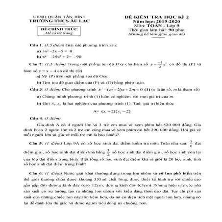 Đề Thi HK2 Toán 9 - THCS Âu Lạc | DOCX