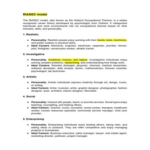 RIASEC model Explanation-Detailed Descritpion | PDF
