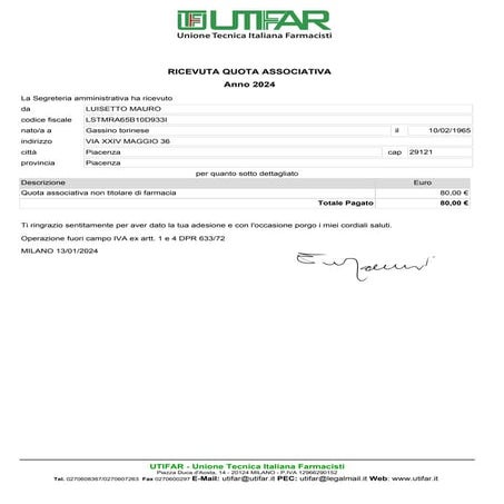 Ricevuta Quota iscrizione UTIFAR luisetto mauro UNIONE TECNICA ITALIANA ...