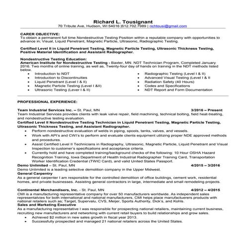 Richard L Tousignant resume 8 26-17 | PDF