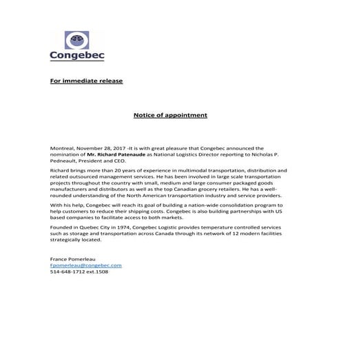 Richard patenaude as new Congebec Logistics director | PDF