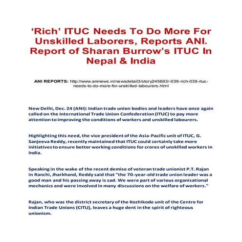 Rich’ ITUC Needs To Do More For Unskilled Laborers, Reports ANI. Report ...